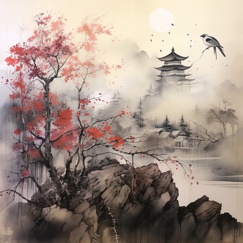 Hand-Drawn Elegance Japanese Sumi-E Magic Stock Illustration ...