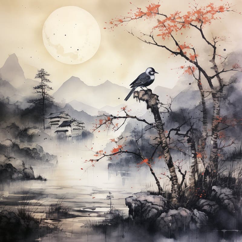 Hand-Drawn Elegance Japanese Sumi-E Magic Stock Illustration ...