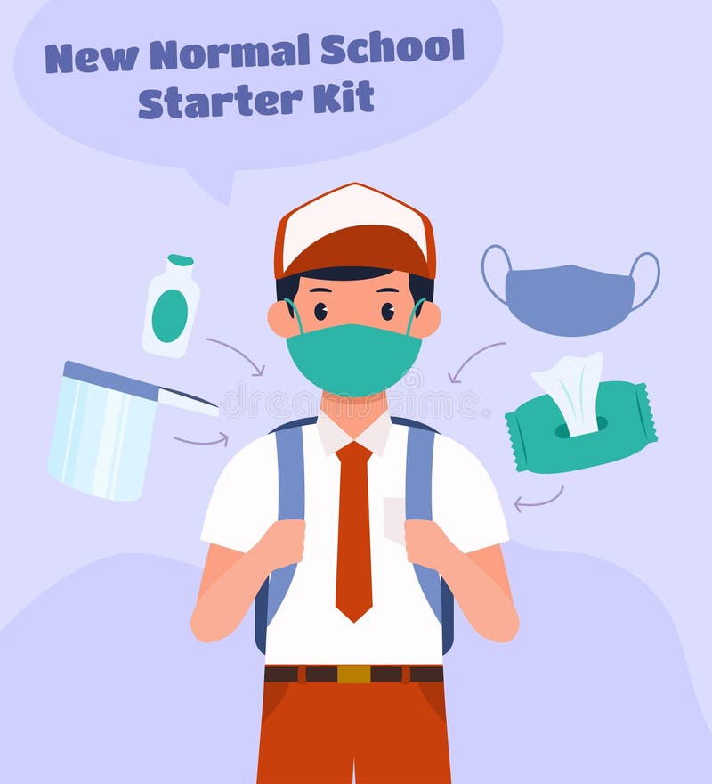 Hand Drawn Elementary School Student with New Normal Starter Kit Vector ...