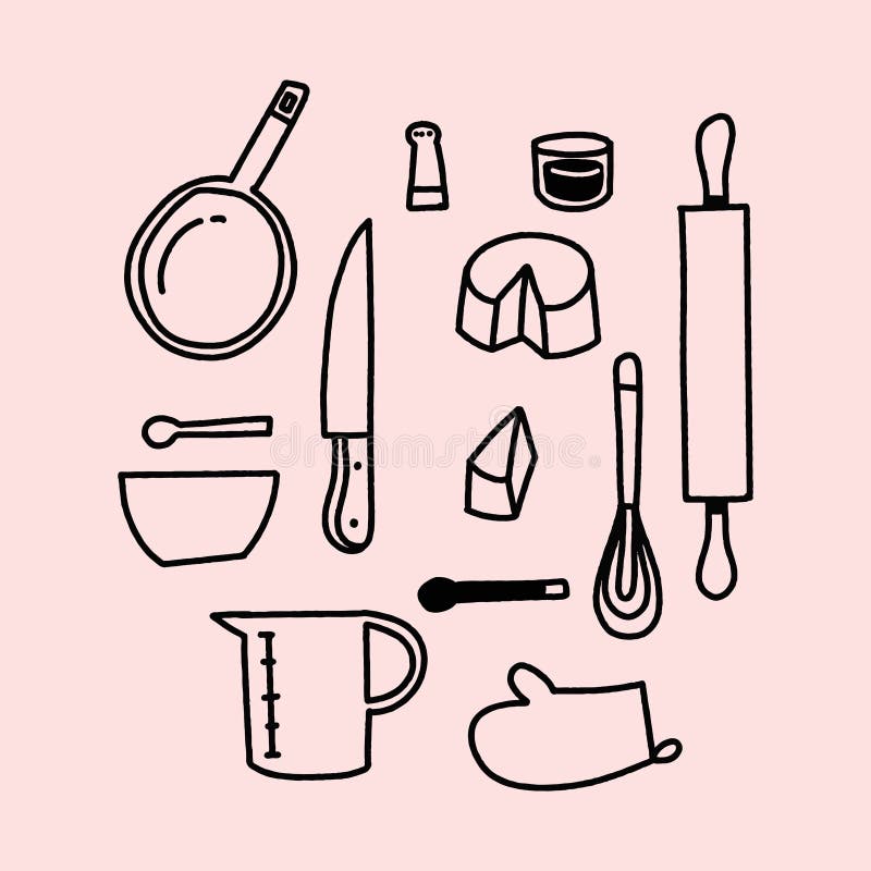 Hand Drawn Elements Set of Kitchen Utensils Stock Vector - Illustration ...