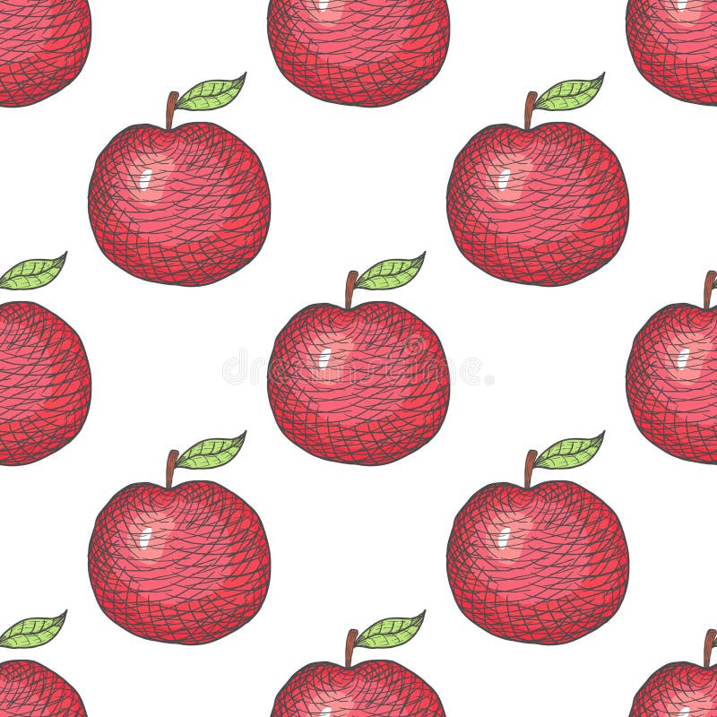 Hand Drawn Engraved Apple Seamless Pattern Background. Vector Stock ...