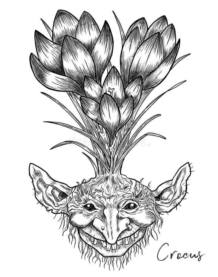 Hand Drawn Engraved Illustrations with Funny Demon or Gnome Face As ...