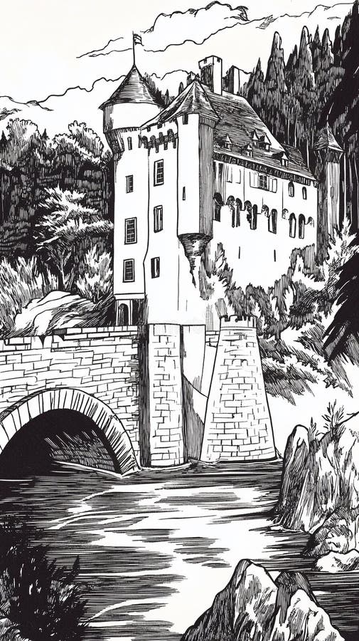Hand-drawn Engraving of a Castle with a Moat and Drawbridge. Stock ...