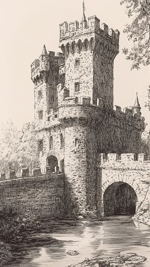 Hand-drawn Engraving of a Castle with a Moat and Drawbridge. Stock ...