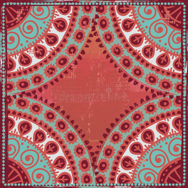 Hand Drawn Ethnic Frame in Blue and Coral Red Tones Stock Vector ...