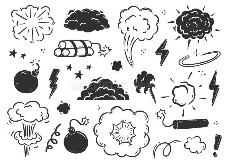 Hand Drawn Explosion, Bomb, Smoke Stock Vector - Illustration of black ...