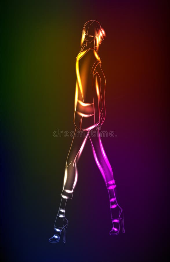 Hand-drawn Fashion Model from a Neon. a Light Girl S Stock Vector ...