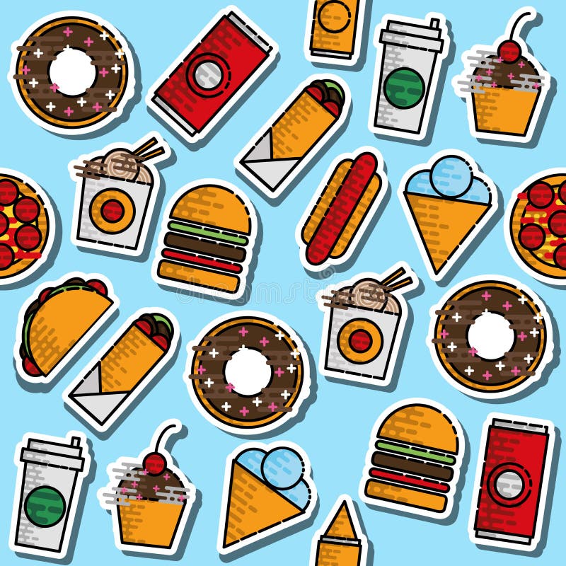 Hand Drawn Fast Food Colored Pattern Stock Vector - Illustration of ...