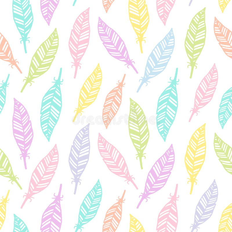 Hand Drawn Feather Seamless Pattern. Soft Colored Feather Pattern for ...