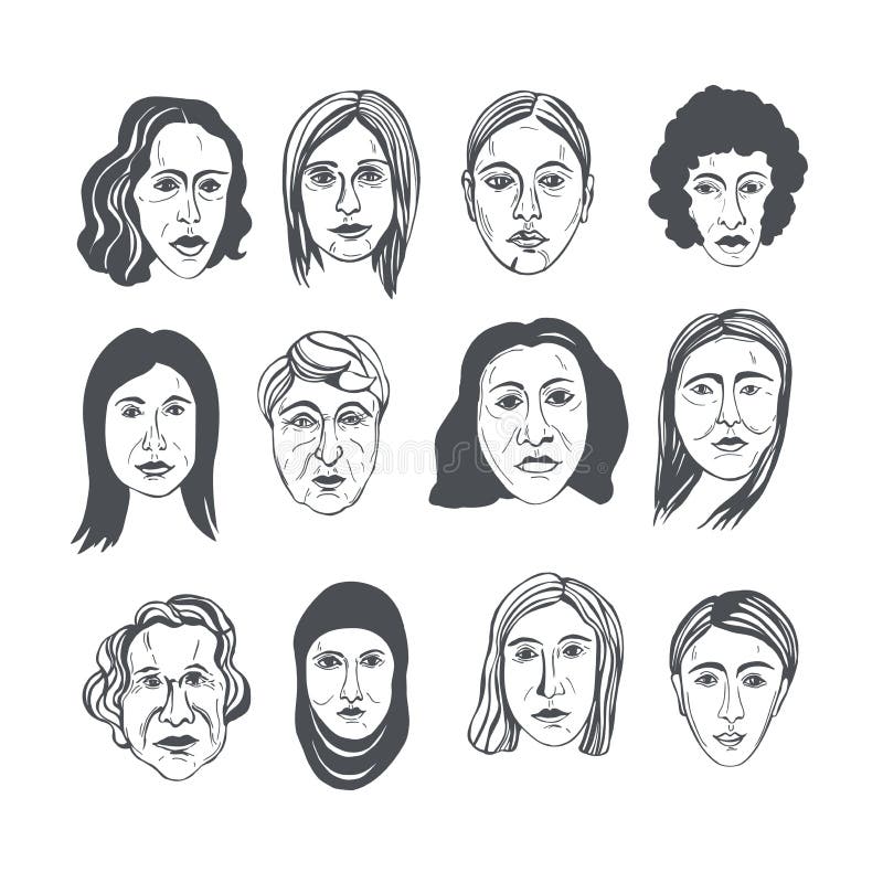 Hand Drawn Female Faces. Vector Sketch Illustration Stock Vector ...