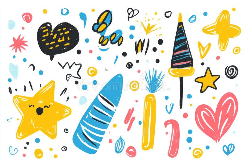 Hand Drawn Festive Firework Rockets and Party Elements Exploding with ...