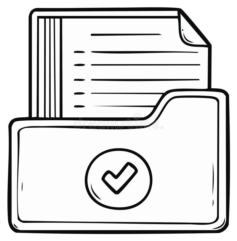 Hand-Drawn File Folder with Documents and Check Mark: Verified Data, Completed Task Stock ...