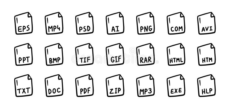 Hand Drawn File Types Icon. Doodle Outline Signs Stock Vector ...