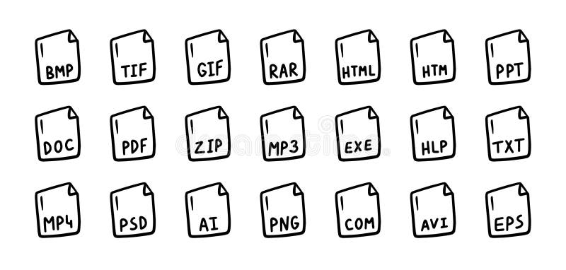 Hand Drawn File Types Icon. Doodle Outline Signs Stock Vector ...