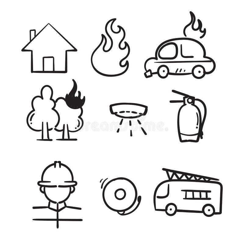 Hand Drawn Fire and Firefighting Related Icon Set in Doodle Style Stock ...