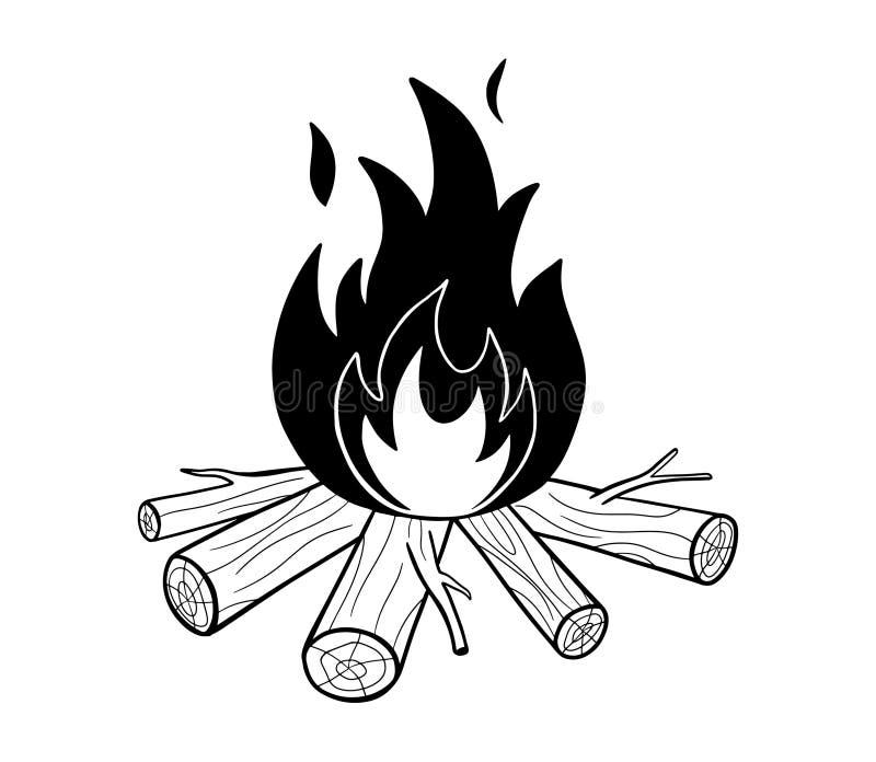 Hand Drawn Fire and Firewood Black Icon. Camping Vector Sketch Stock ...