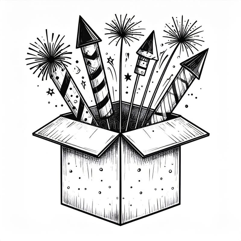 Hand Drawn Fireworks in Open Cardboard Box with Black and White ...