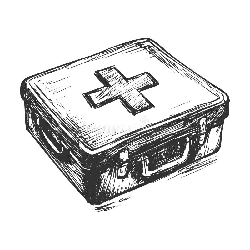 Hand-drawn First Aid Kit with a Cross Symbol on the Lid. Stock Vector ...