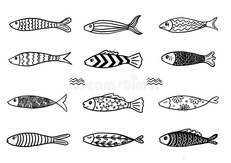 Hand Drawn Fish Set with Abstract Lines and Interesting Elements. Cute ...