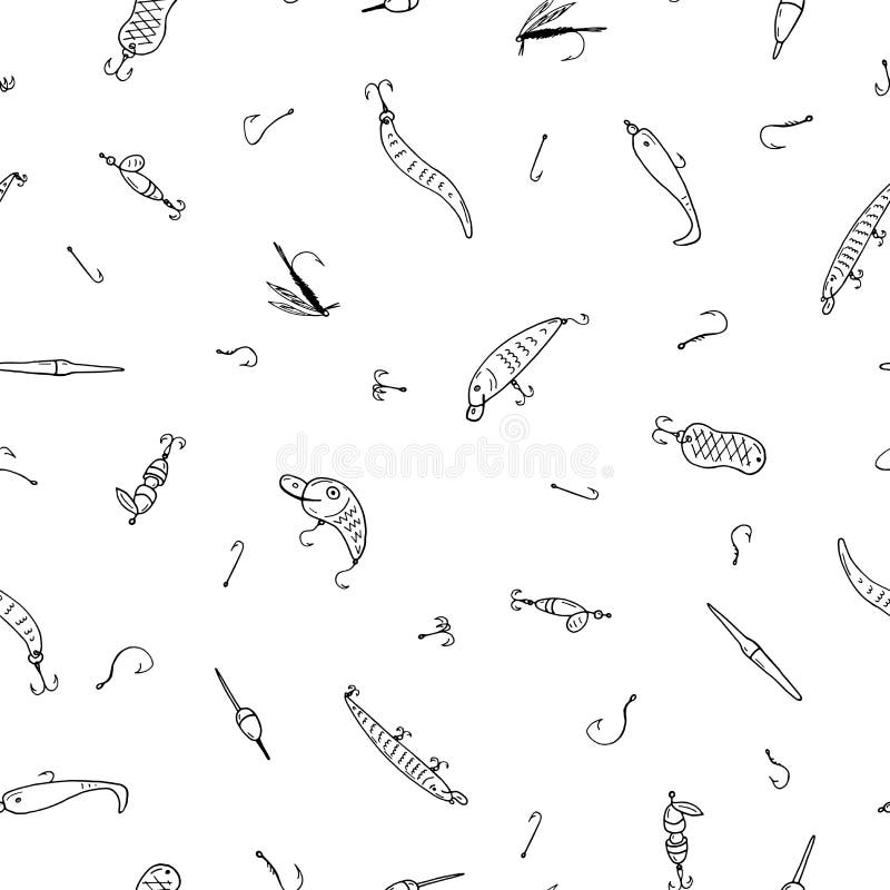 Hand Drawn Fishing Lures.Seamless Pattern. Stock Vector - Illustration ...