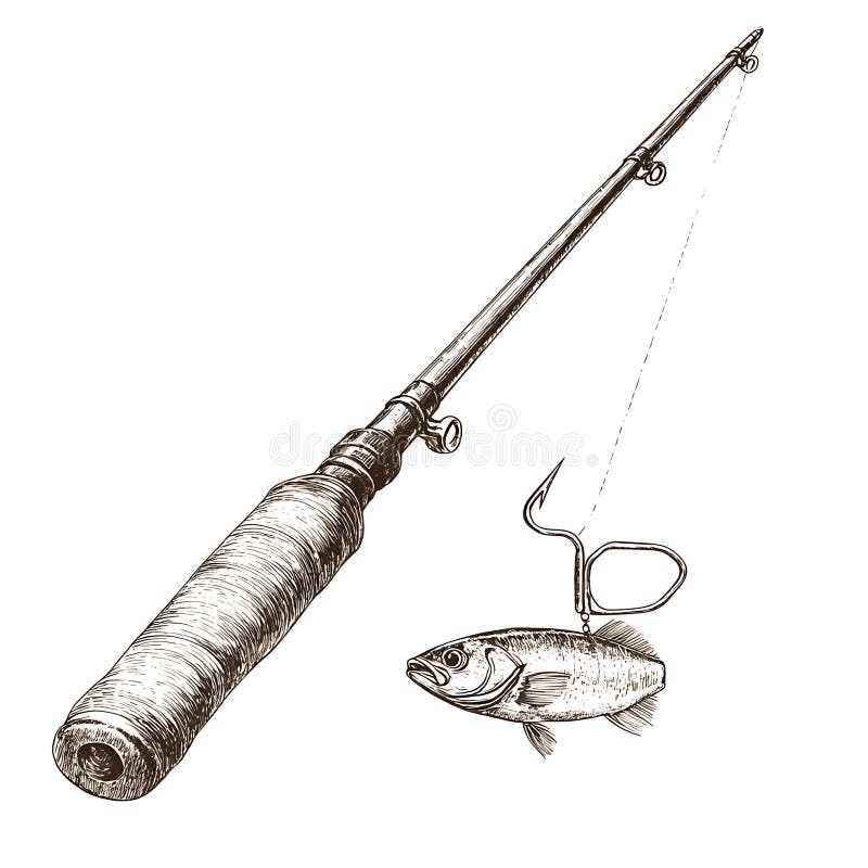 Hand-drawn Fishing Rod with Lure and Fish Stock Illustration ...