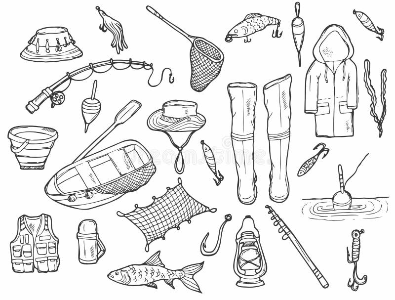 Doodle Fishing Set. Fishing and Camping Stuff in Vector. Hand Drawn ...