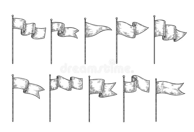 Hand Drawn Flags. Sketch Waving Fabric on Pole, Different Flag ...