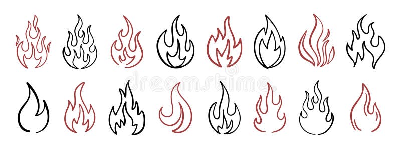 Hand Drawn Flames Doodle Set Simple Line Art Fire Design Stock Vector ...