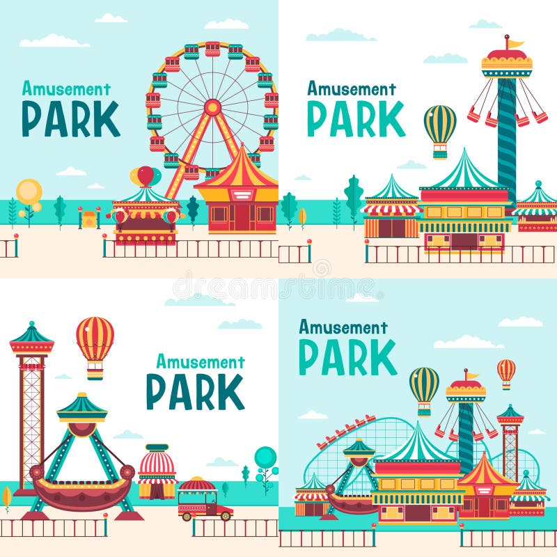 Hand Drawn Flat Amusement Park Composition Set Stock Illustration ...