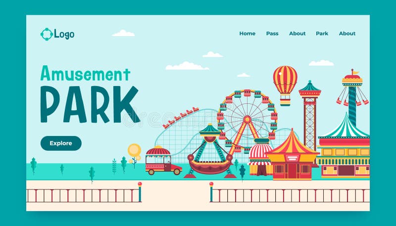 Hand Drawn Flat Amusement Park Landing Page Stock Illustration ...