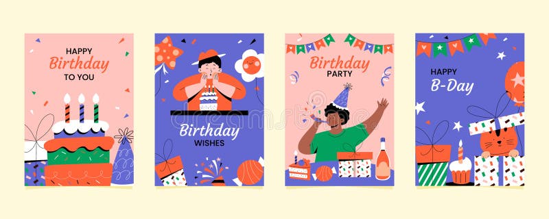 Hand Drawn Flat Birthday Celebration Vertical Cards Collection Stock ...