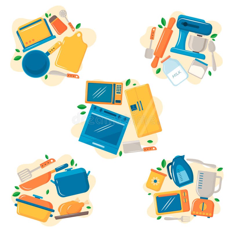 Hand Drawn Flat Cartoon Cooking Elements Mini Compositions Set Stock ...