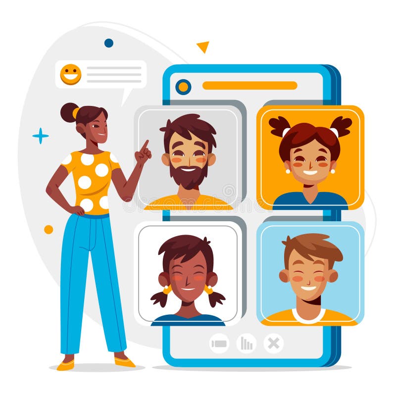 Hand Drawn Flat Character with Mobile Mockup Composition Stock ...