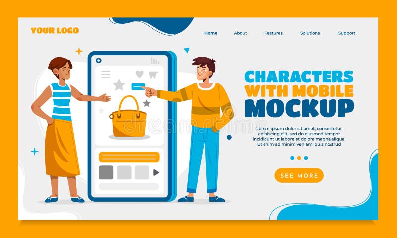 Hand Drawn Flat Character with Mobile Mockup Landing Page Stock ...