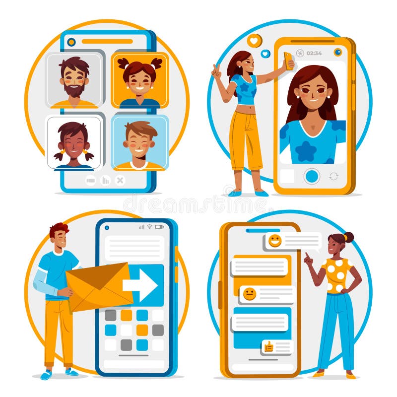 Hand Drawn Flat Character with Mobile Mockup Mini Composition Set Stock ...