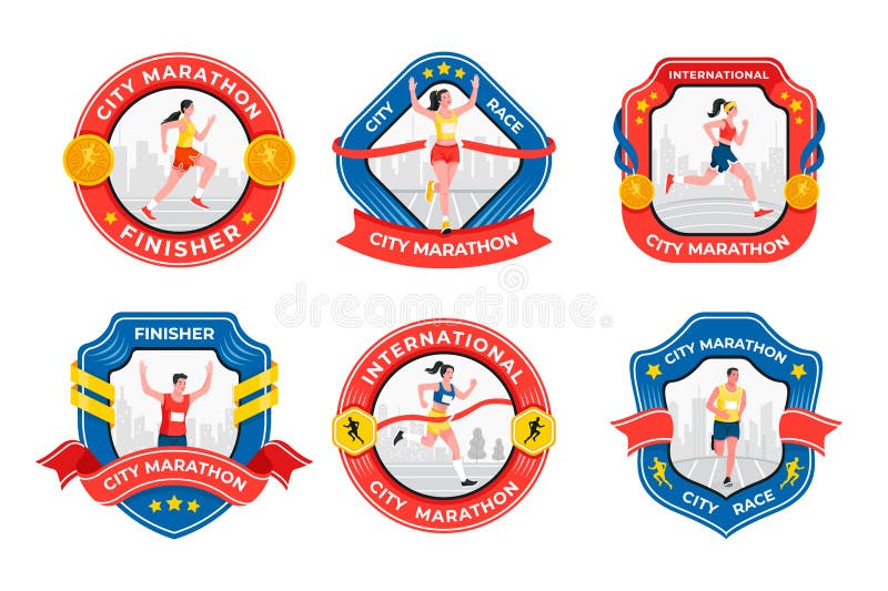 Hand Drawn Flat City Marathon Emblem Set Stock Illustration ...