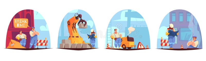 Hand Drawn Flat Construction Mini Composition Set Stock Illustration - Illustration of machine ...