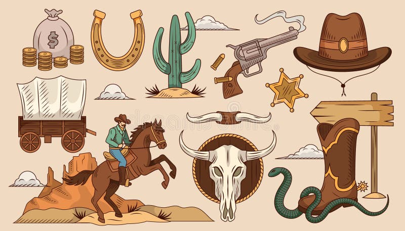 Hand Drawn Flat Cowboy Elements Set Collection Stock Illustration ...