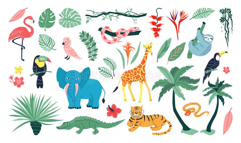 Hand Drawn Flat Jungle Element Collection with Wild Animals Stock ...
