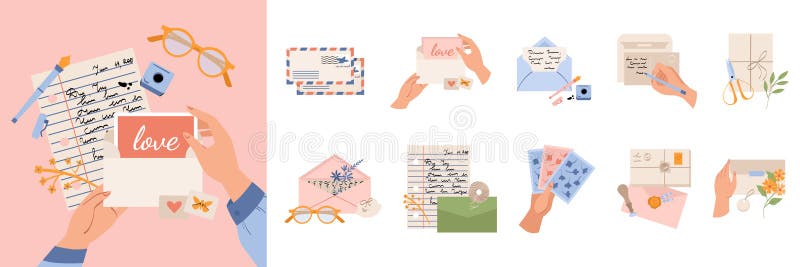 Hand Drawn Flat Mail Icons with Illustration Set Stock Illustration ...