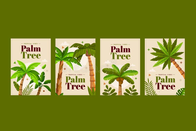 Hand Drawn Flat Palm Tree Cards Collection Stock Illustration ...