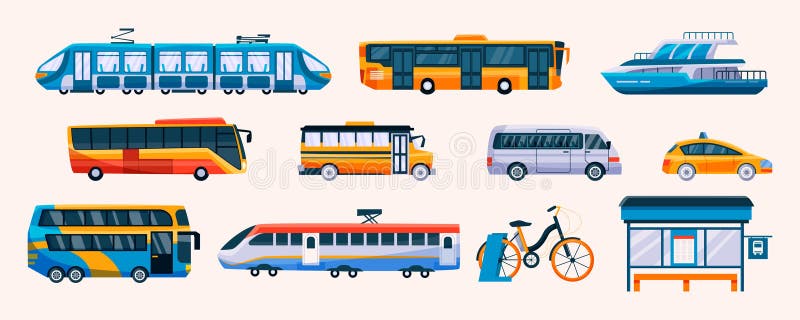 Hand Drawn Flat Public Transport Set Stock Illustration - Illustration ...