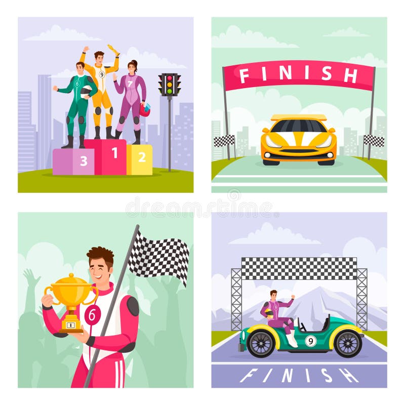 Hand Drawn Flat Racing Square Illustration Set Stock Illustration ...