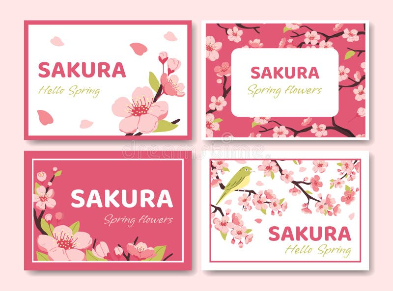 Hand Drawn Flat Sakura Tree Horizontal Cards Set Stock Illustration ...