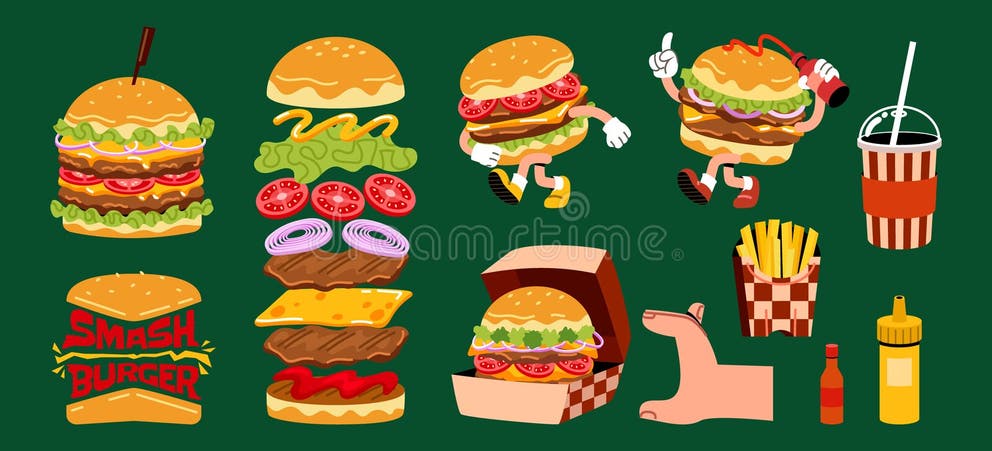 Hand Drawn Flat Smash Burger Original Set Stock Vector - Illustration ...