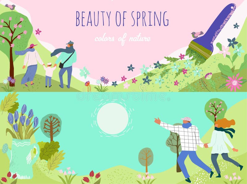Hand-drawn Flat Spring Banner Set Stock Illustration - Illustration of ...