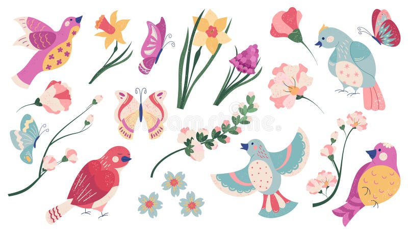 Hand Drawn Flat Spring Icon Set with Flowers and Birds Stock ...