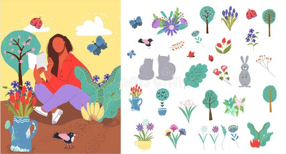 Hand-drawn flat spring set stock illustration. Illustration of nature ...