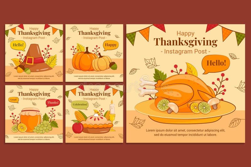 Hand Drawn Flat Thanksgiving Instagram Posts Collection Vector Design ...
