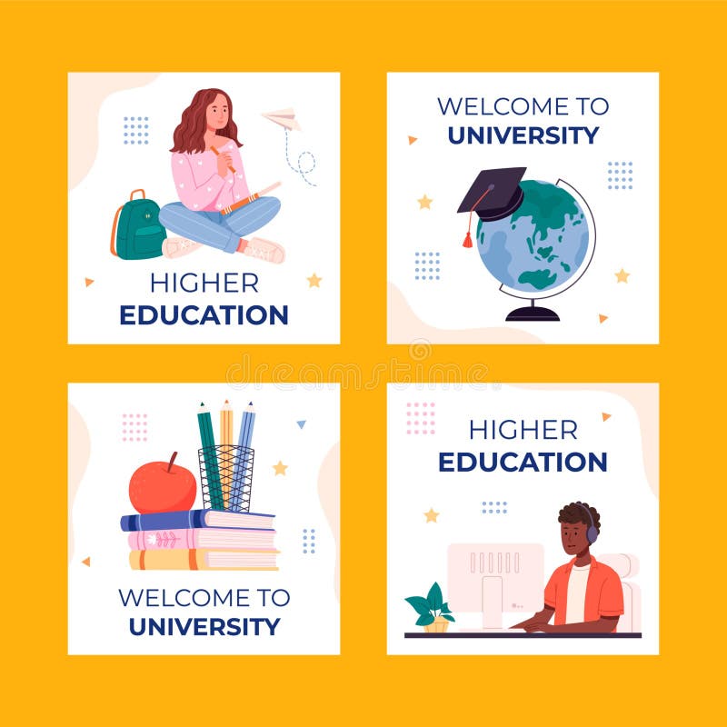 Hand Drawn Flat University Square Cards Set Stock Illustration ...